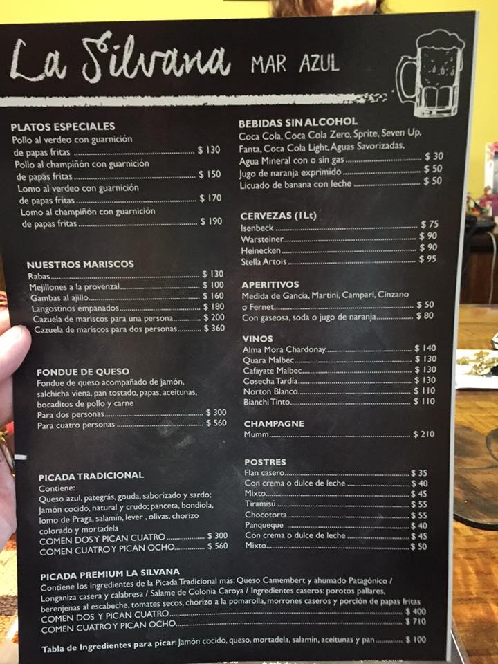 Menu at La Silvana restaurant, Mar Azul