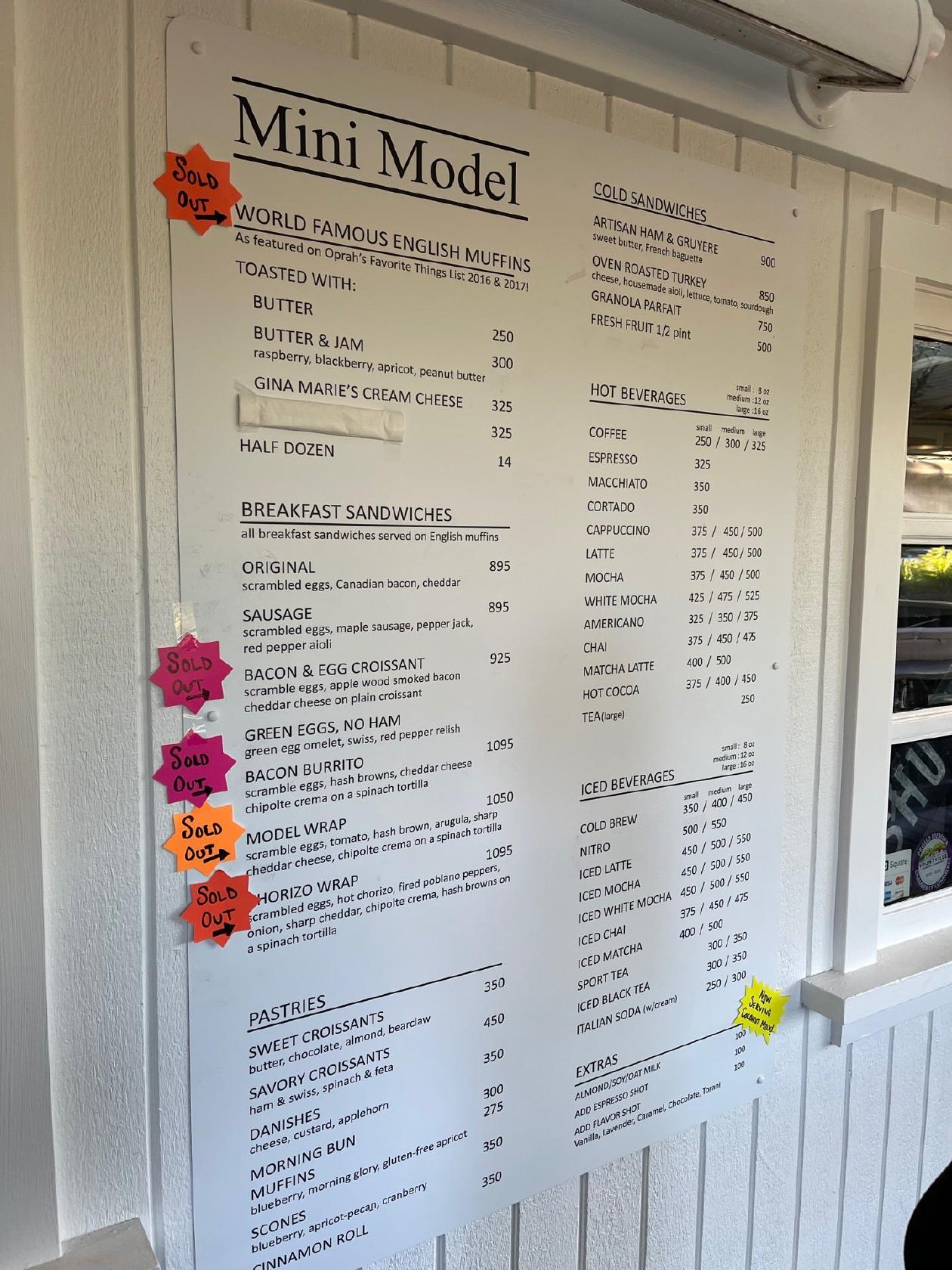 Menu at Mini Model cafe, Yountville