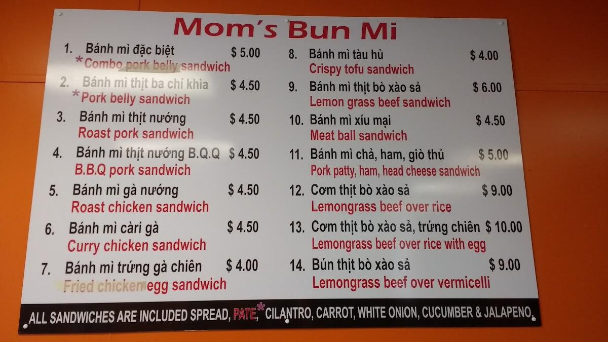 Menu at Mom's Bun Mi restaurant, Oakland