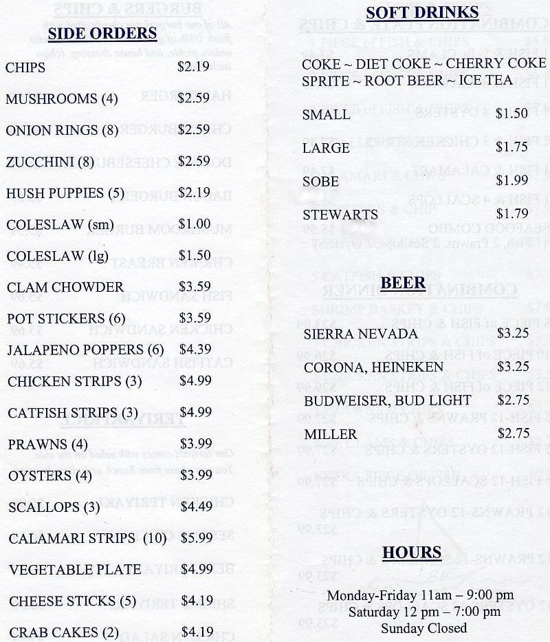 Menu at Cape Cod Fish & Chips restaurant, Sacramento