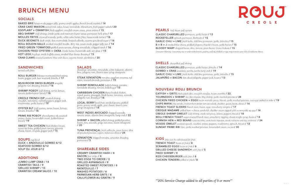 Menu at Rouj Creole restaurant, Baton Rouge