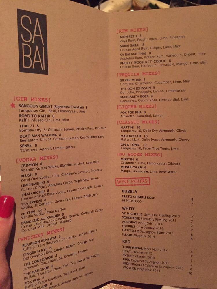 Menu at Sabai Cafe & Bar, Eugene