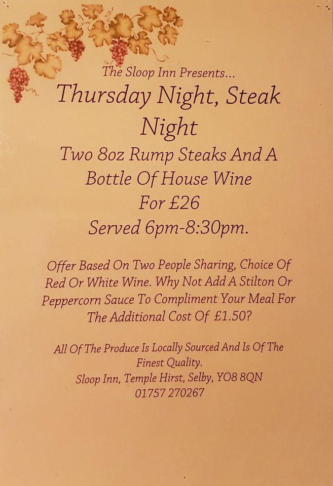 Menu at The Sloop Inn pub & bar, Hirst Courtney, The Sloop Inn