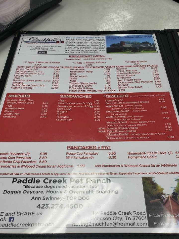Menu at Clarence's Drive In restaurant, Erwin, N Main Ave