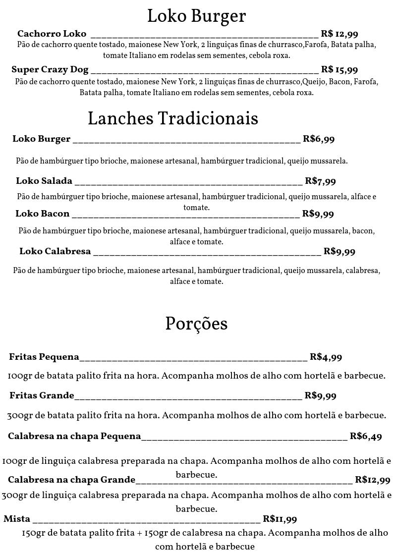 Menu at Loko Burger PG restaurant, Ponta Grossa