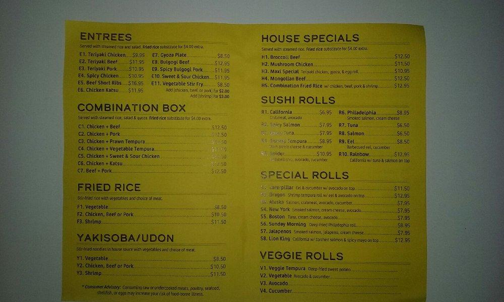 Menu at Maxi Teriyaki & Sushi restaurant, Cosmopolis
