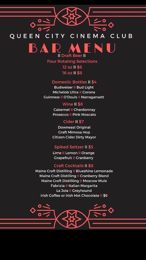 Menu at Queen City Cinema Club, Bangor