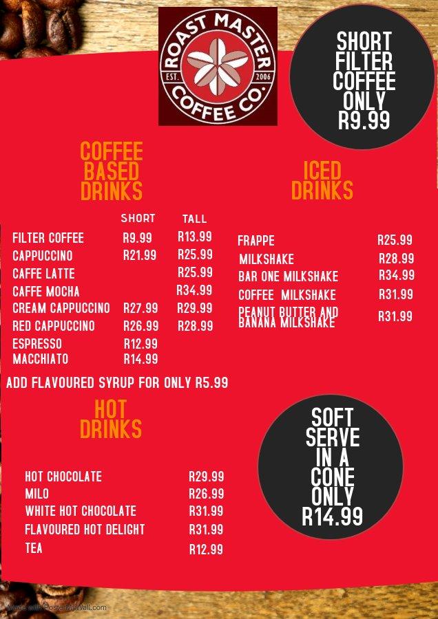 Menu at Roast Master Cafe', Port Elizabeth, 154 Main Rd