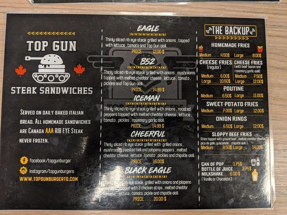 Menu at Top Gun Burger restaurant, Vaughan