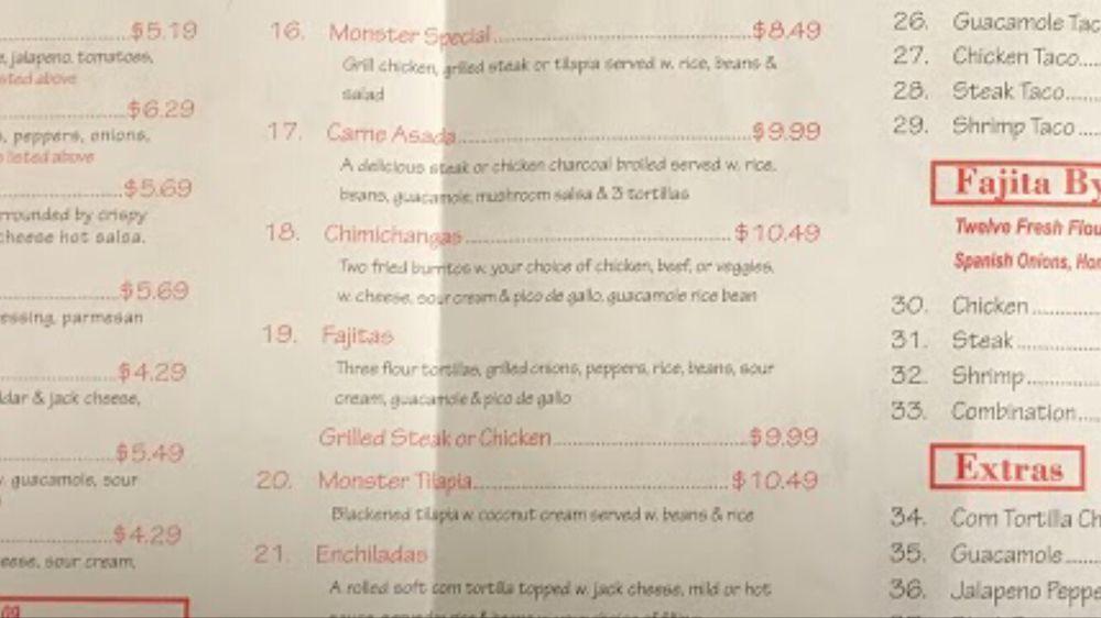 Menu at Burrito Monster restaurant, Valley Stream