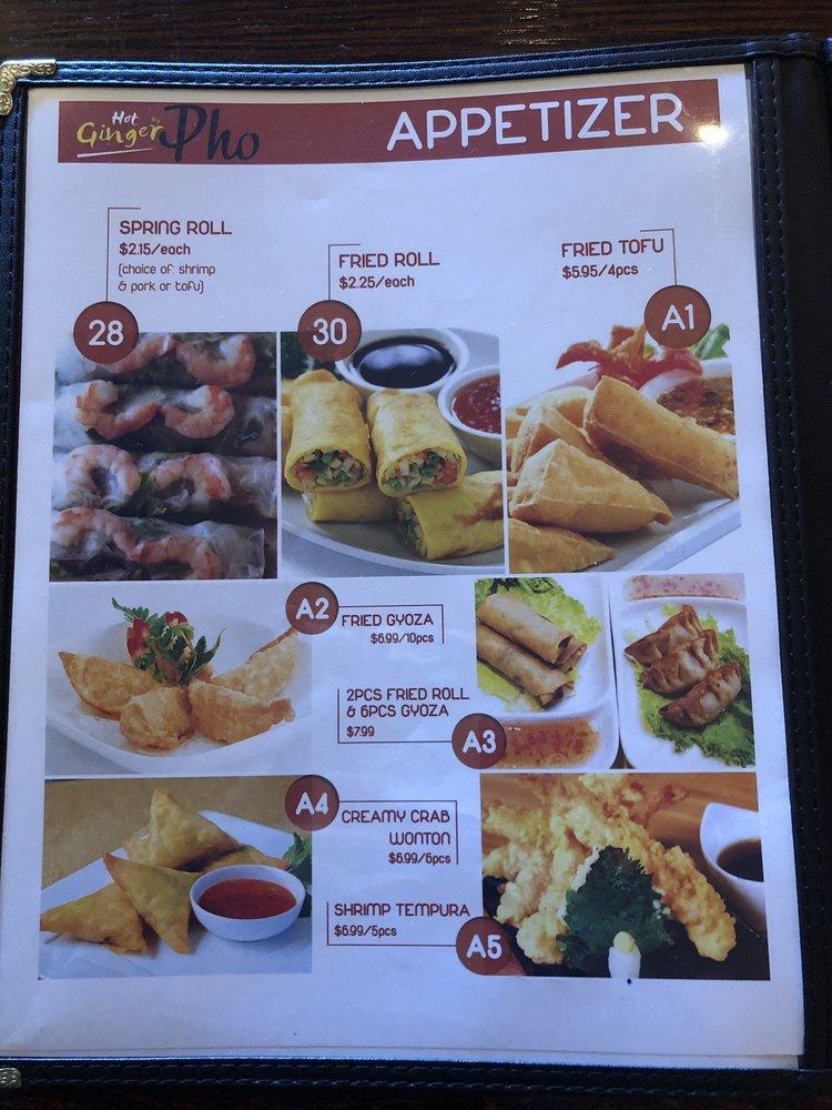 Menu at Hot Ginger Pho restaurant, Lacey