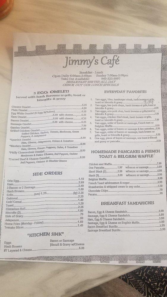 Menu at Jimmy's Cafe, Mineral Wells