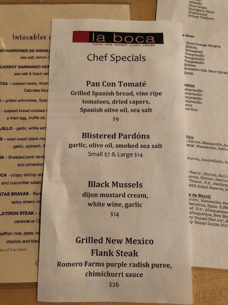 Menu at La Boca pub & bar, Santa Fe