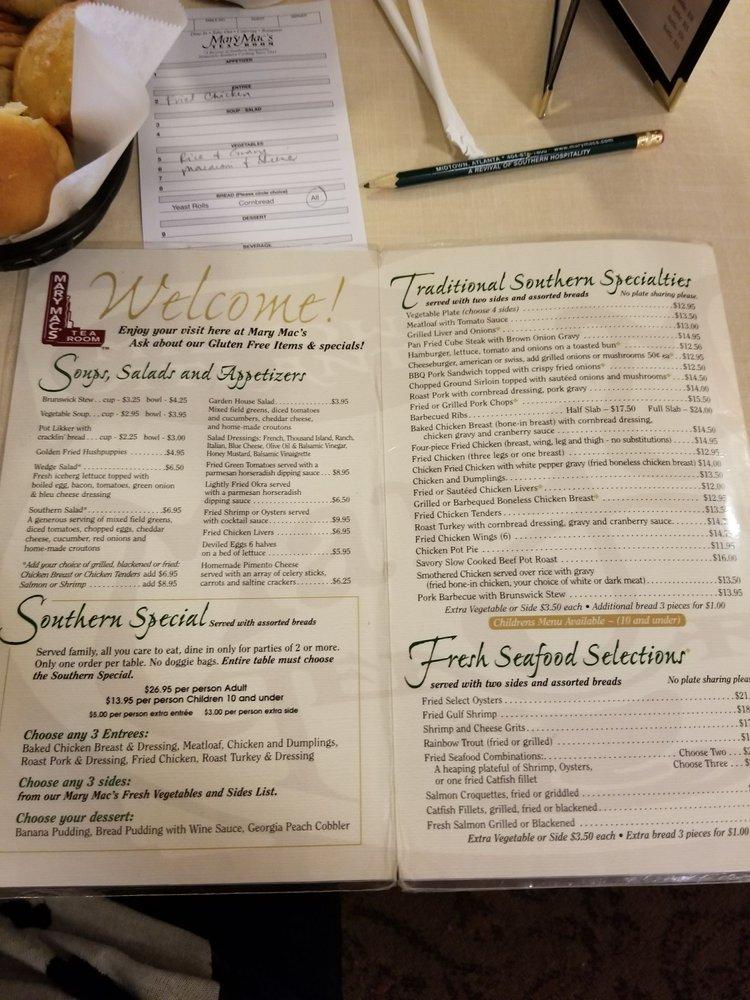 Menu at Mary Mac's Tea Room pub & bar, Atlanta