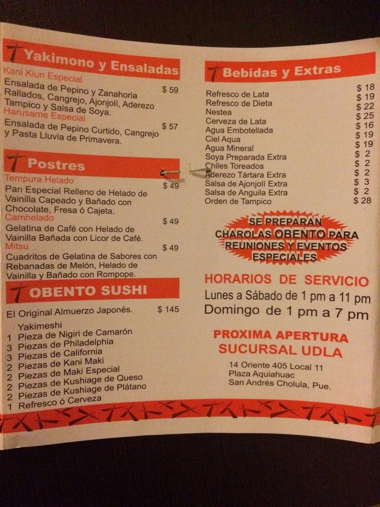 Carta del restaurante Obento Sushi Sonata, Cholula, Plaza Punta