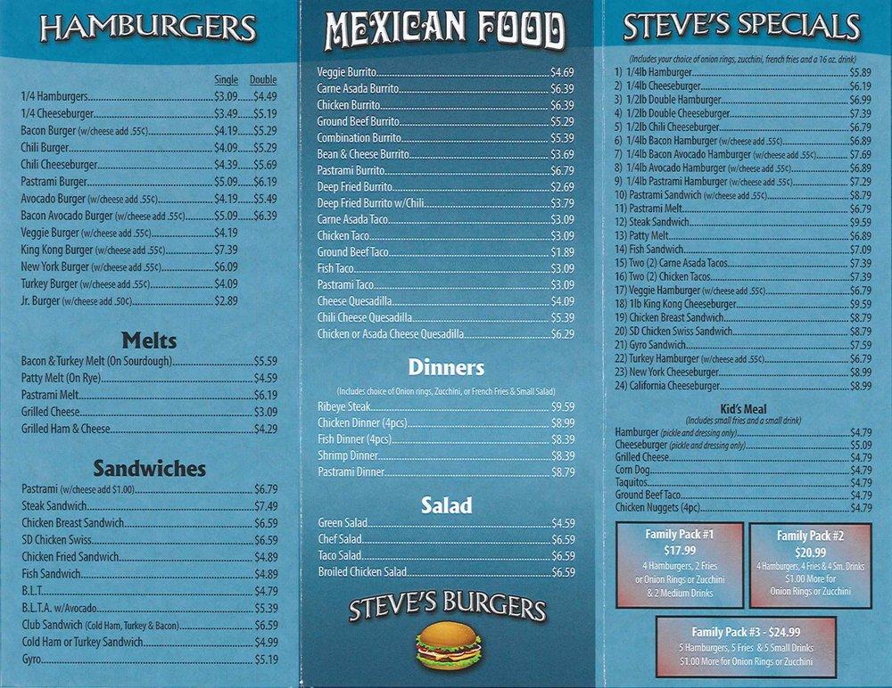 Menu at Steve's Burgers restaurant, Moreno Valley