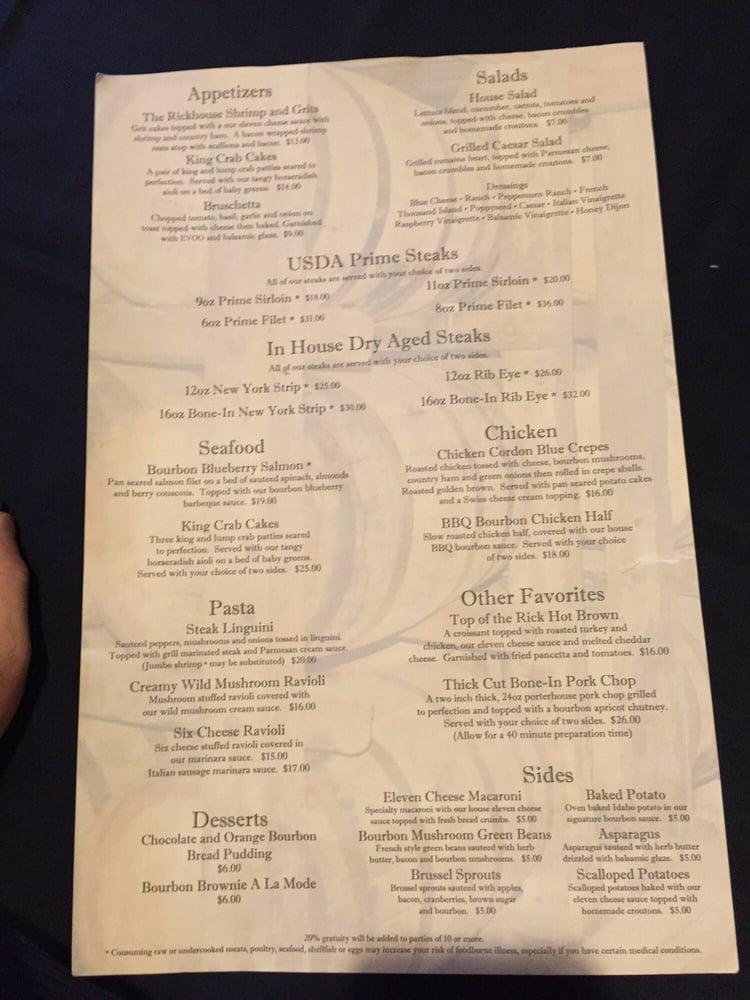 Menu at The Rickhouse steakhouse, Bardstown, Spalding Hall