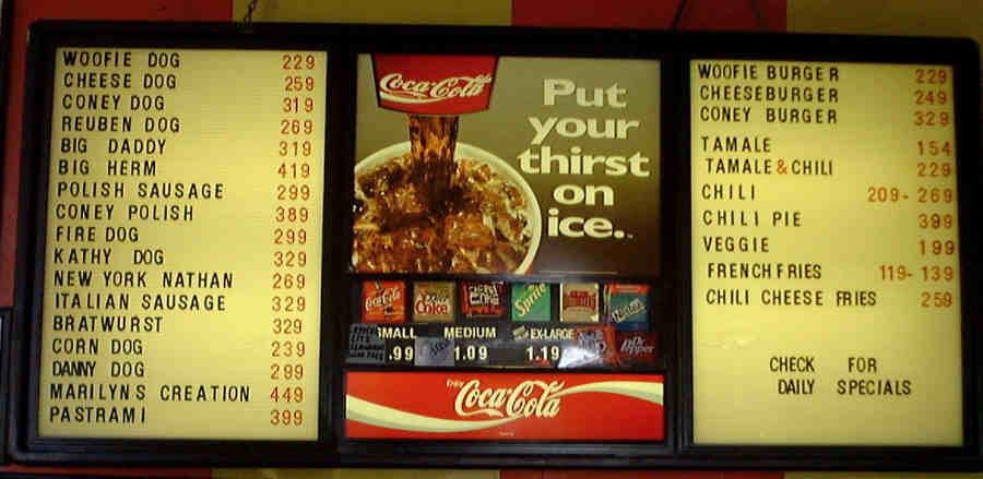 Menu at Woofies Hot Dogs restaurant, Overland