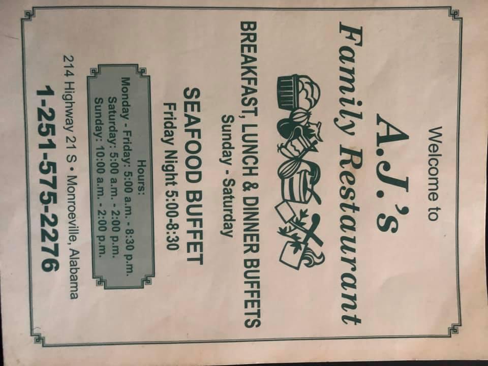 Menu at AJ's Family Restaurant, Monroeville