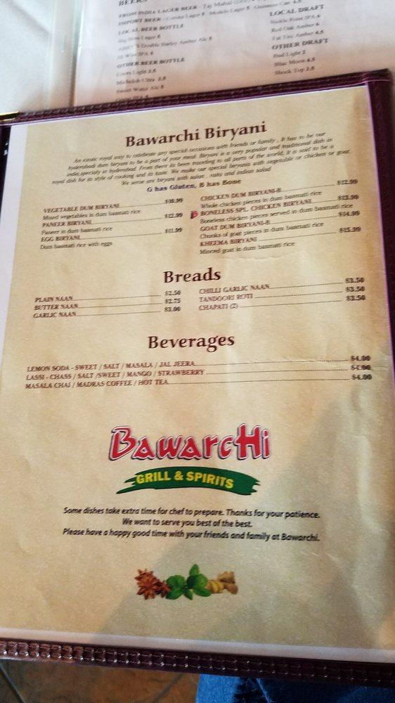 Menu at Bawarchi Grill & Spirits restaurant, Apex
