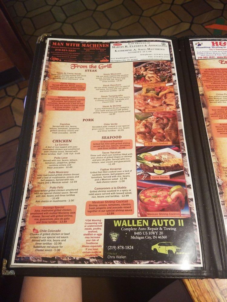 Menu at El Bracero of Michigan City restaurant, Michigan City