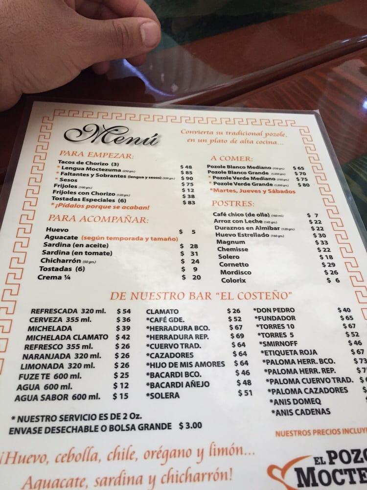 Carta del restaurante El Pozole del Moctezuma, Ciudad del México