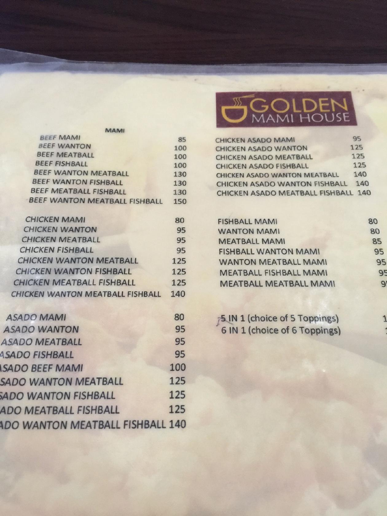 Menu at Golden Mami House restaurant, Dagupan, G/F #20