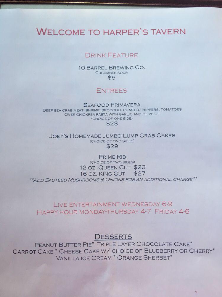 Menu at Harper’s Tavern steakhouse, Fort Indiantown Gap