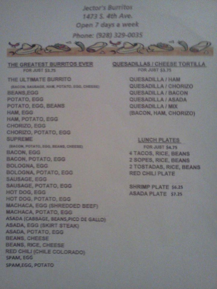 Menu at Jector's Burritos restaurant, Yuma