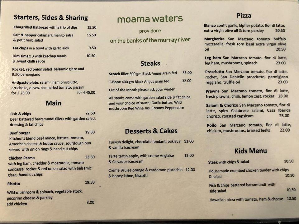 Menu at Moama Waters Providore restaurant, Moama