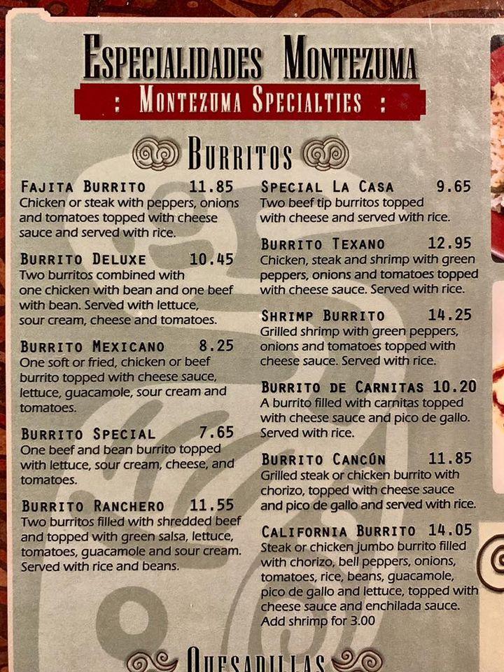 Menu at Montezuma Restaurant, Gettysburg