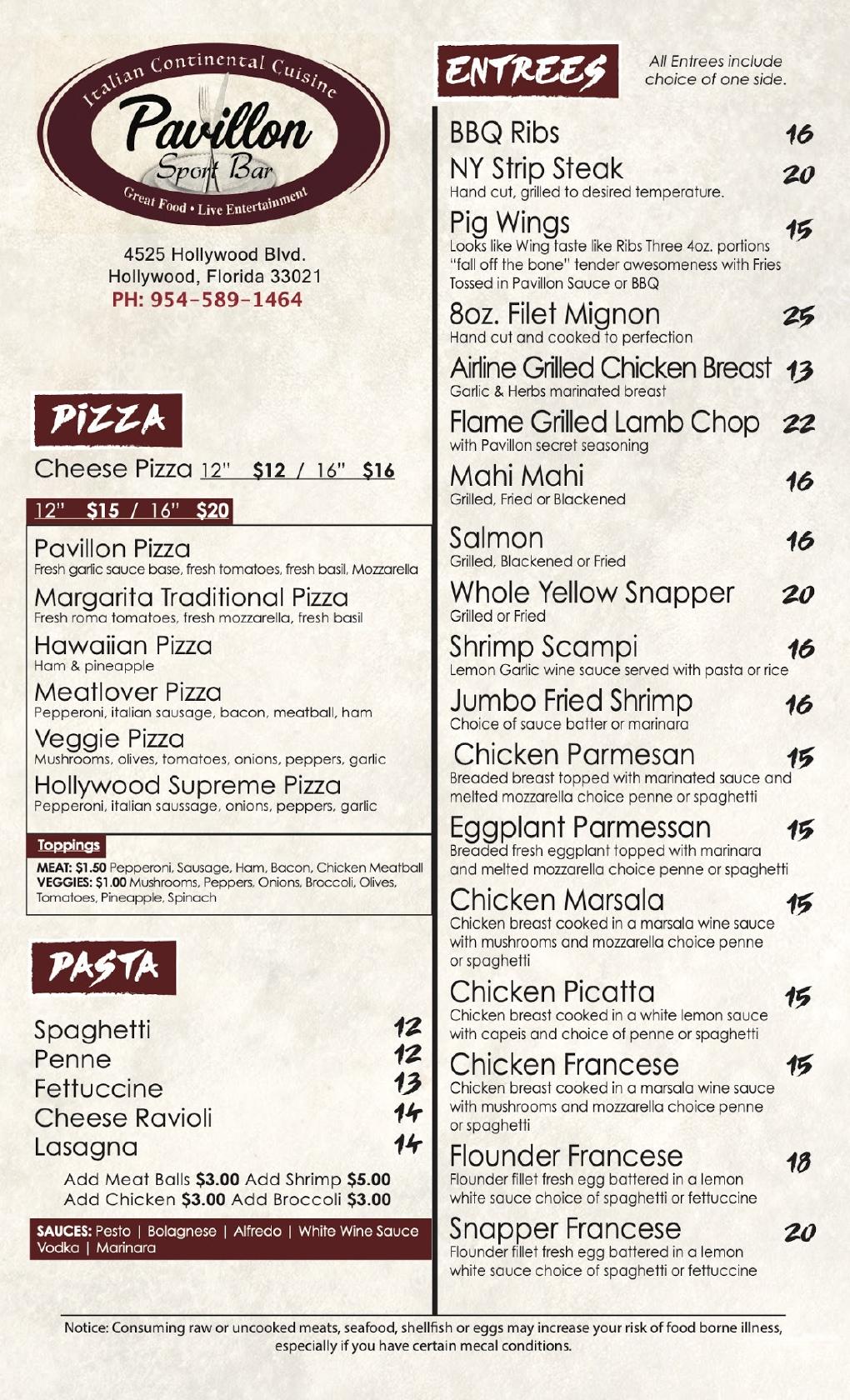 Menu at Pavillon Sports Bar, Hollywood
