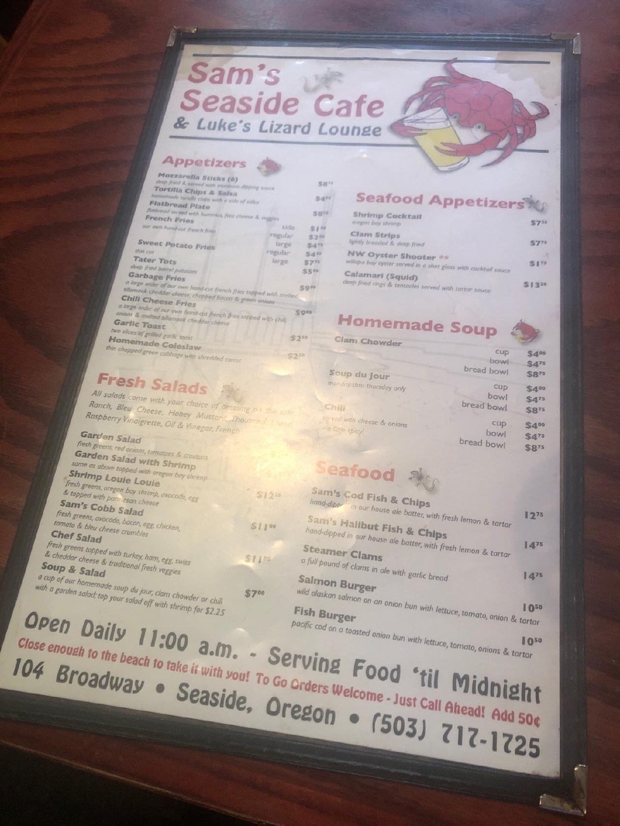 Menu at Sam's Seaside Cafe, Seaside