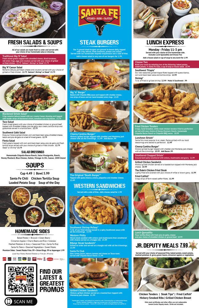 Menu at Santa Fe Cattle Company steakhouse, Albertville, US-431
