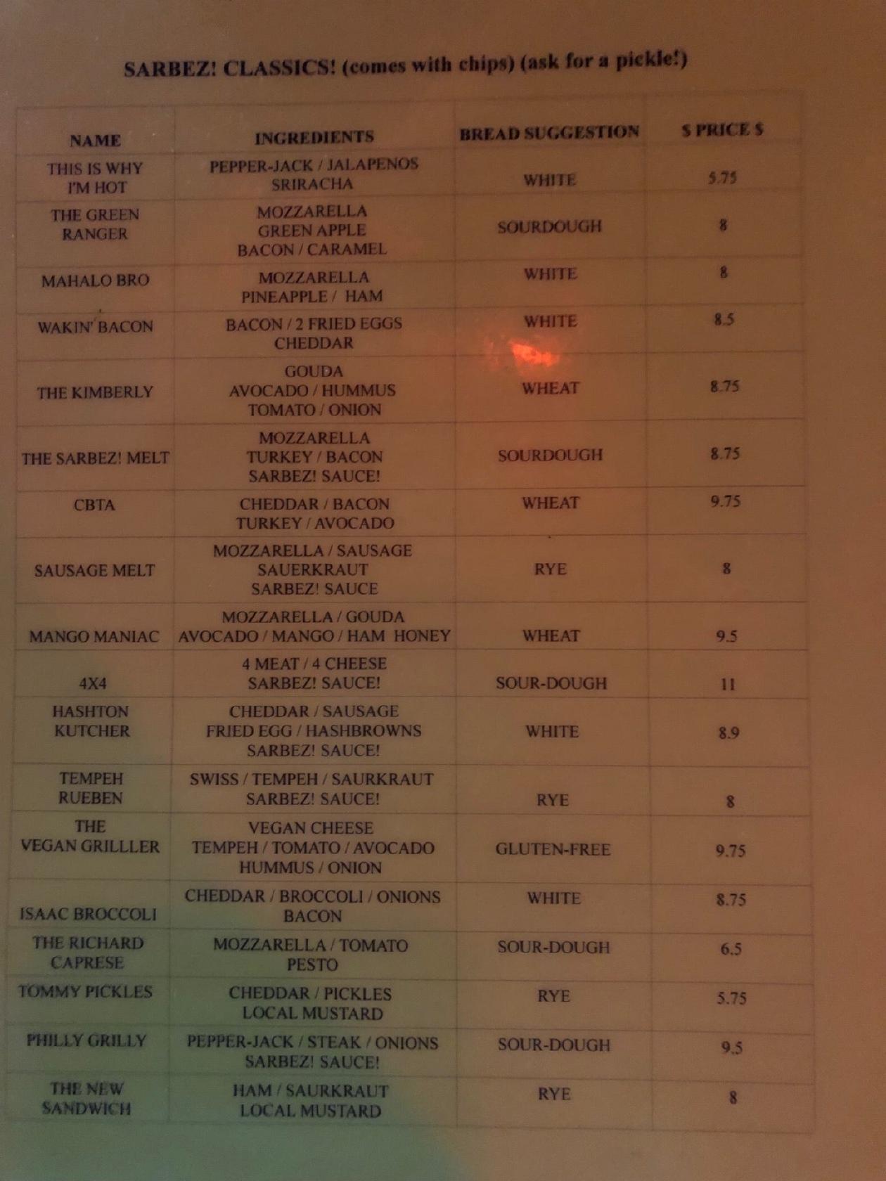 Menu at Sarbez! pub & bar, St. Augustine