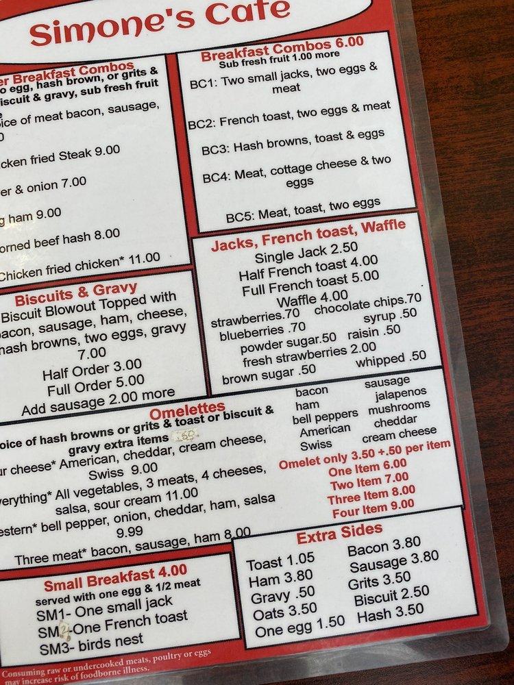 Menu at Simone's Cafe, Guthrie, S Division St