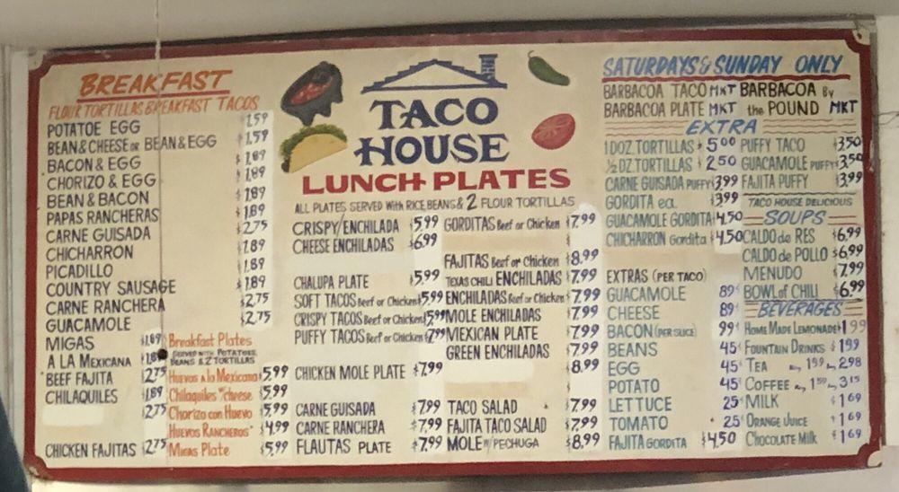 Menu at Taco House restaurant, San Antonio, San Pedro Ave