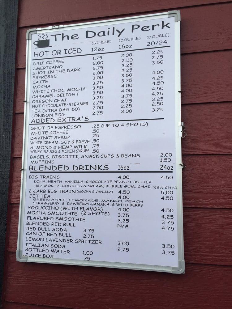 Menu at The Daily Perk cafe, Raymond