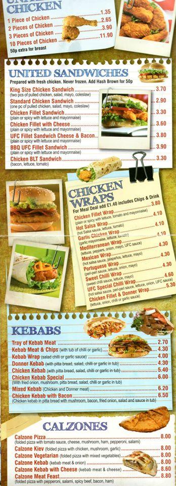 Menu at United Fried Chicken pizzeria, Braithwell