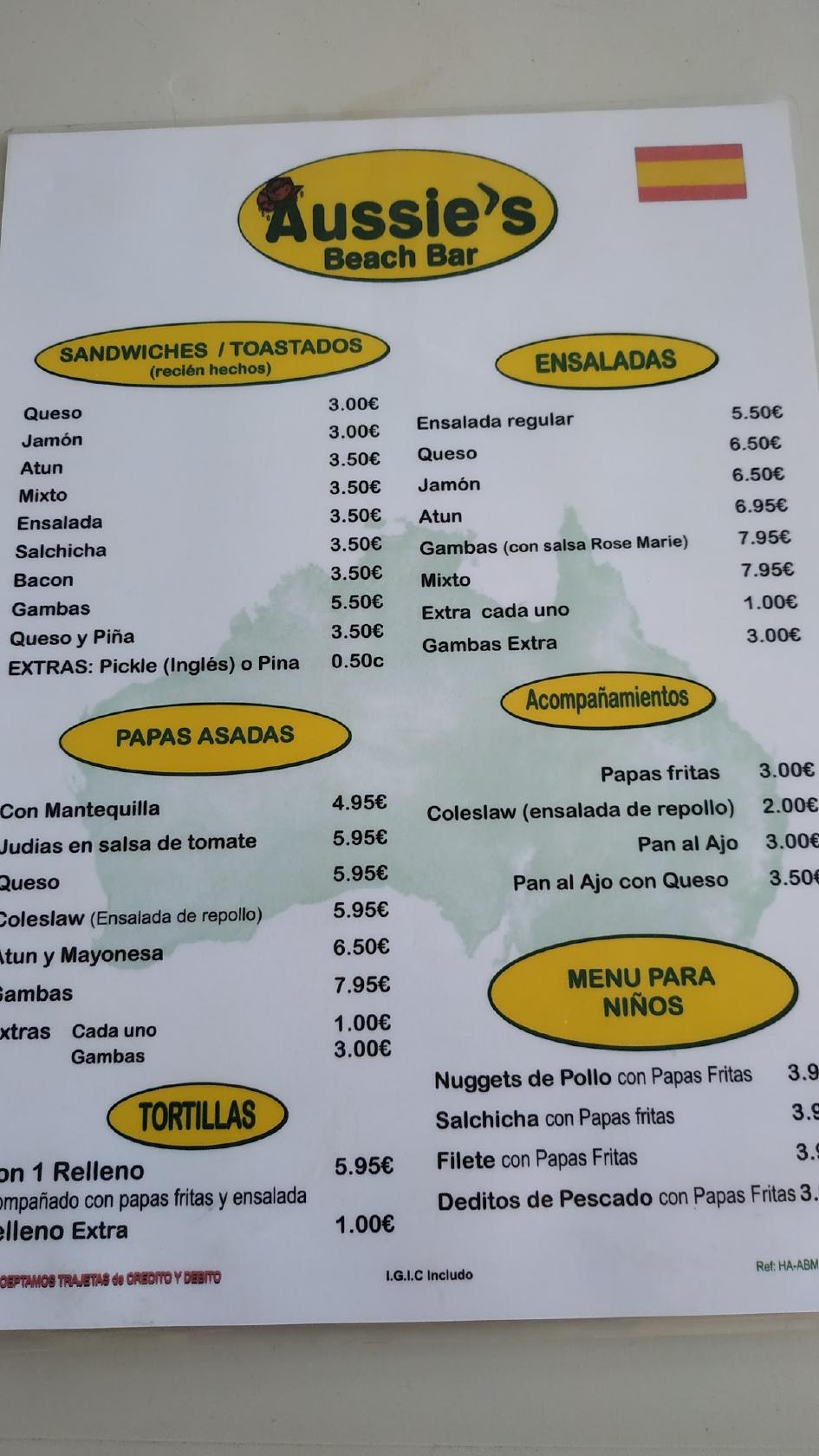 Menu at Aussie's Beach Bar, Tías