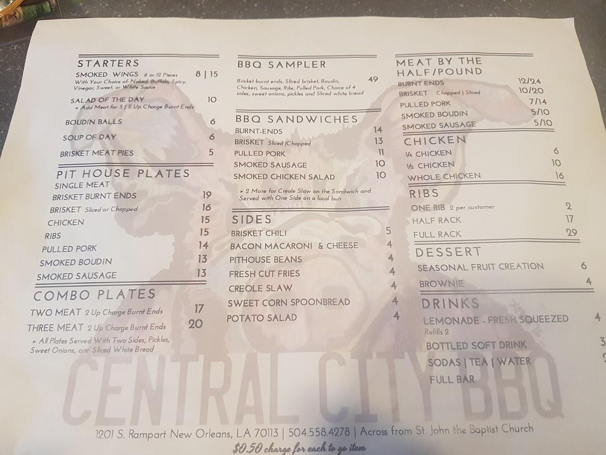 Menu at Central City BBQ, New Orleans, S Rampart St