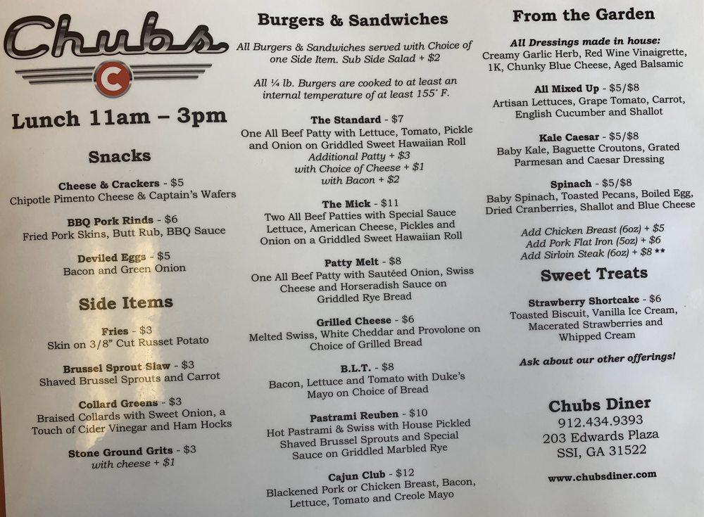 Menu at Chubs restaurant, Saint Simons Island