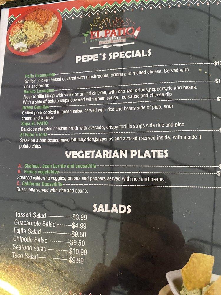 Menu at El PATIO restaurant, Lexington