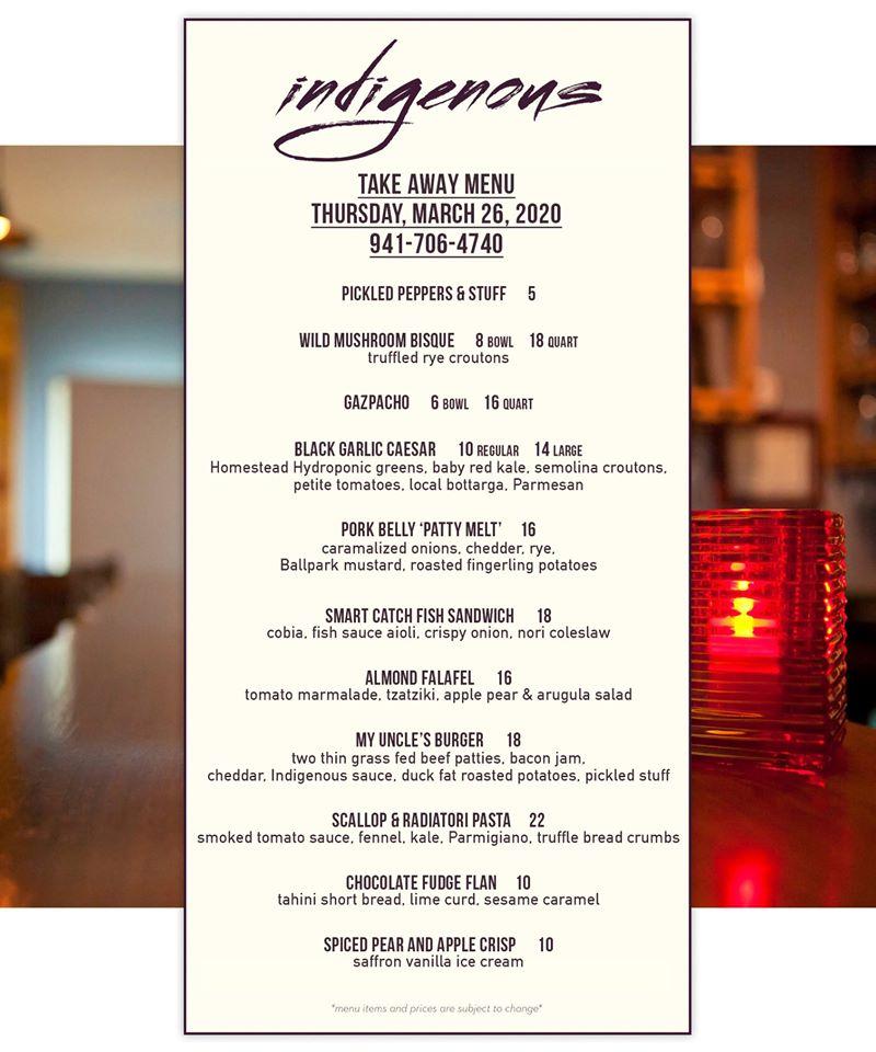 Menu at Indigenous Restaurant, Sarasota