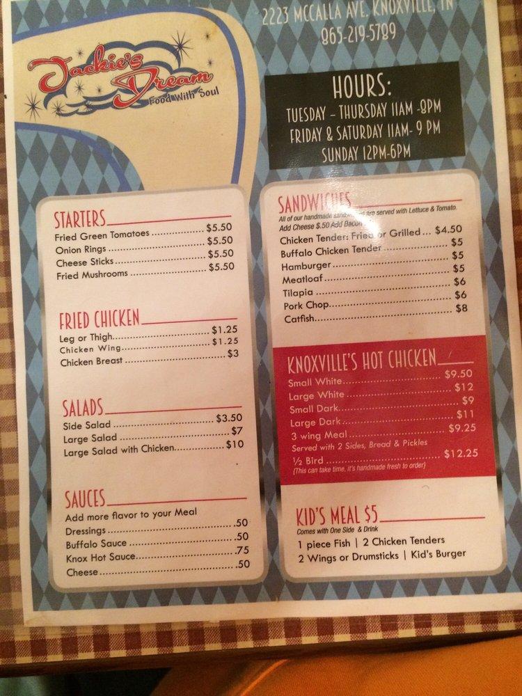 Menu at Jackie's Dream restaurant, Knoxville, E Woodland Ave