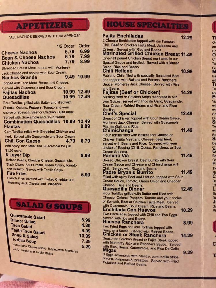 Menu at Kent's Tex-Mex restaurant, Denison