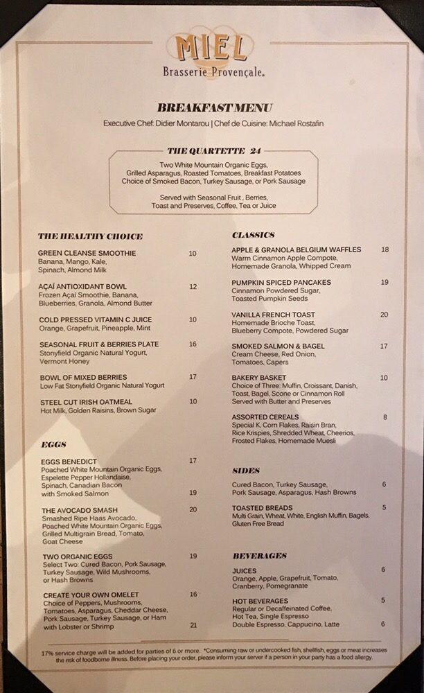 Menu at Miel Brasserie restaurant, Boston, 510 Atlantic Ave