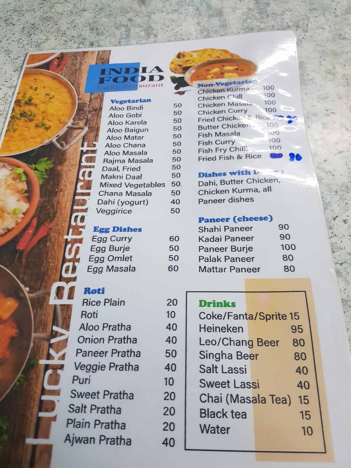 Menu at New Lucky Star restaurant, Bangkok