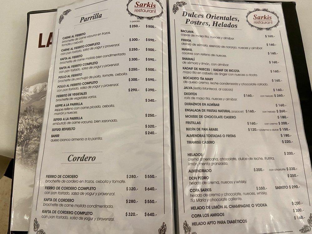 Carta del restaurante Sarkis, Buenos Aires