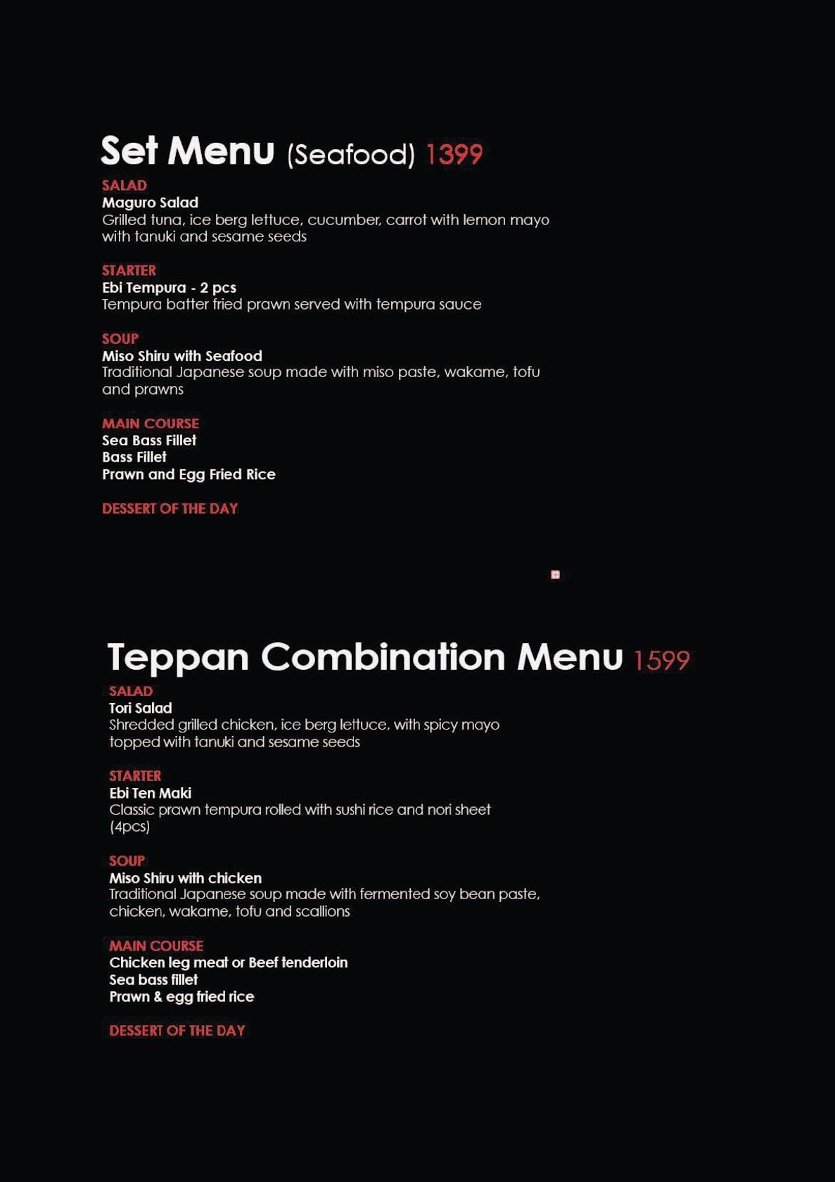 Menu at Teppan, Chennai